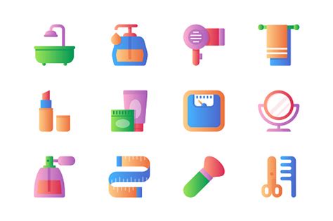 뷰티 아이콘은 컬러 평면 디자인으로 설정됩니다 목욕 로션 화장품 헤어 드라이어 수건 립스틱 크림 바닥 저울 거울 향수 및 기타 팩 웹 사이트 및 모바일 앱에 대한 벡터