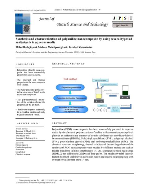 Pdf Synthesis And Characterization Of Polyaniline Nanocomposite By Using Several Types Of
