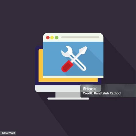 렌치와 드라이버 화면에 컴퓨터 아이콘입니다 컴퓨터 수리 서비스 기술 지원 유지 보수 개념 현대 평면 디자인 그래픽 요소 공구상자에 대한 스톡 벡터 아트 및 기타 이미지