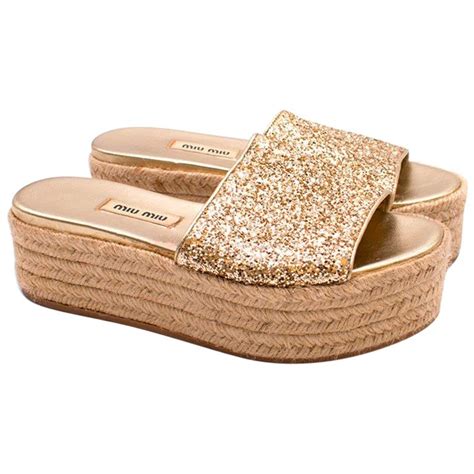 Miu Miu Metallic Gold Glitter Espadrille Platform Slides Us 5 For Sale