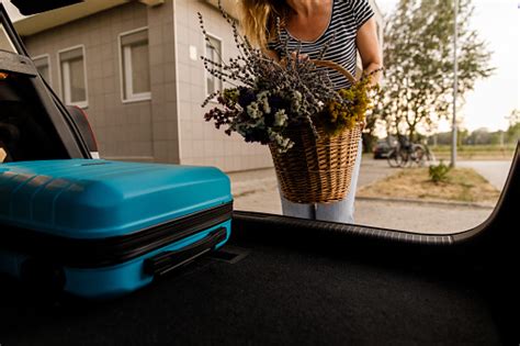 가방 옆에 자동차 트렁크에 꽃으로 가득 찬 바구니를 적재하는 여성 자동차 트렁크에 대한 스톡 사진 및 기타 이미지 자동차