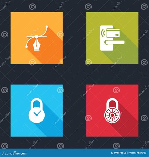 Set Bezier Curve Digital Door Lock With Wireless Padlock Clock And Safe Combination Wheel Icon