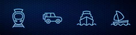 유람선 트램 및 철도 오프로드 자동차 및 요트 요트를 설정하십시오 벽돌 벽에 빛나는 네온 아이콘 벡터 4x4 자동차에 대한 스톡