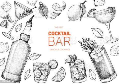 알코올 칵테일 손으로 그린 벡터 일러스트레이션 칵테일 스케치 세트 각인 된 스타일 손으로 그린 병 유리잔에 대한 스톡 벡터 아트