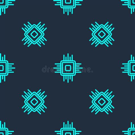 Green Line Computer Processor With Microcircuits Cpu Icon Isolated Seamless Pattern On Blue