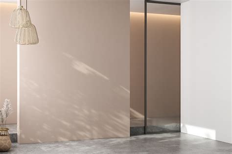 베이지색과 흰색 배경 콘크리트 바닥 태양 광선 아늑한 집 실내 식물이 있는 미니멀한 빈 객실 사무실과 거실을위한 복사 공간 영역 모형3d 렌더링 0명에 대한 스톡 사진 및