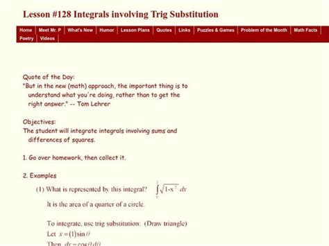 Integrals Involving Trig Substitution Lesson Plan For 12th Grade