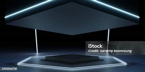 광장 연단과 빛나는 네온 라이트 바 네온 색상 배경 개요 3d 일러스트 레이 션 0명에 대한 스톡 사진 및 기타 이미지 0명 3차원 형태 간판 Istock