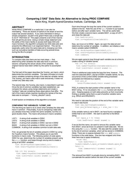 Comparing 2 Sas Datasets Alternative Approach Pdf