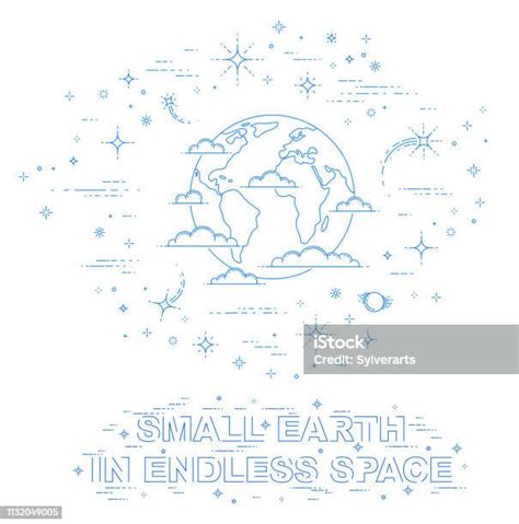 소행성 혜성 유성 별 및 기타 요소에 둘러싸인 끝 없는 공간에서 작은 지구 코스모스 과학 테마 얇은 라인 3d 벡터 일러스트 레이 션 흰색 절연 여행 주제에 대한 스톡 벡터