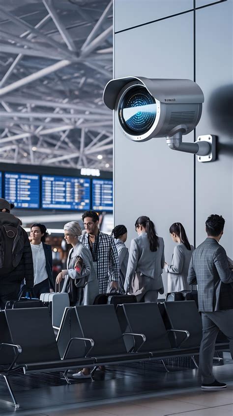 Airport Terminal Futuristic Ai Big Data Analysing Surveillance Camera That Keeps People Safe