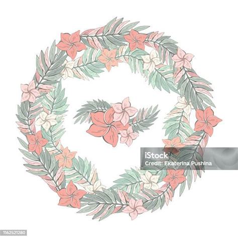 열대 잎과 꽃의 꽃 둥근 화환입니다 낭만적 인 디자인 장식 인사말 카드 포스터 결혼식 초대장 광고를위한 여름 스타일 0명에 대한 스톡 벡터 아트 및 기타 이미지 Istock