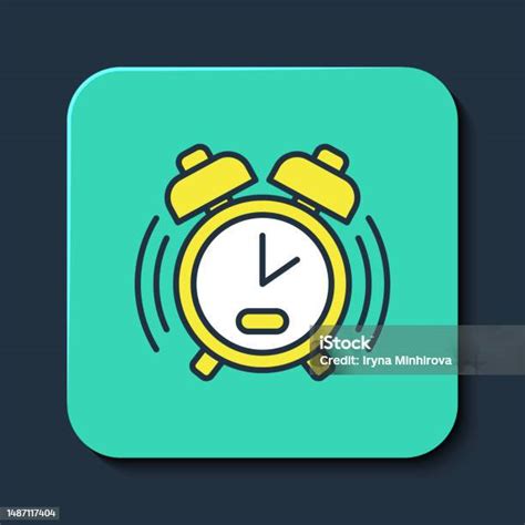 파란색 배경에 격리된 윤곽선 알람 시계 아이콘입니다 일어나 개념을 얻을 시간 기호입니다 청록색 스퀘어 버튼 벡터 0명에 대한