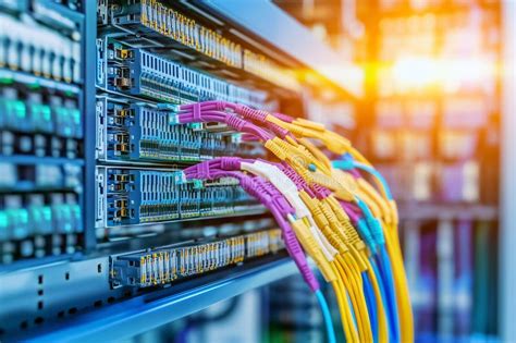 Colorful Ethernet Cables Connected To Network Switch In Modern Data Center Environment Stock