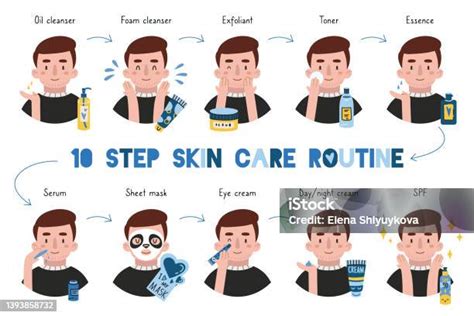 소년은 얼굴 스킨 케어 루틴 만화 스타일 캐릭터 트렌디 한 현대 플랫 벡터 일러스트레이션을 적용합니다 남자에 대한 스톡 벡터 아트 및 기타 이미지 Istock