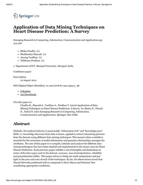 Pdf Application Of Data Mining Techniques On Heart Disease Prediction