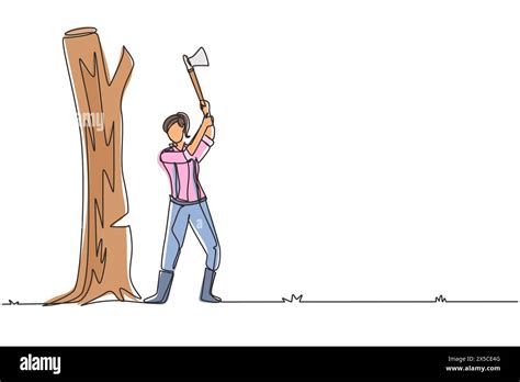 Single One Line Drawing Female Lumberjack With An Ax Chopping Wood Woodcutter Chopping Tree