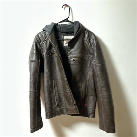 Brown Levi Leather Jacket With Hood And Zippered Depop