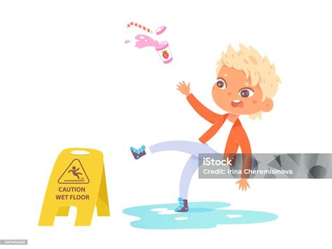 깨끗한 미끄러운 바닥 벡터 일러스트에 미끄러 소년 만화 작은 문자 걸림돌 물 웅덩이로 공공 장소에서 떨어지는 흰색에 고립 된 젖은 바닥 사고 표지판주의 아이에 대한 스톡