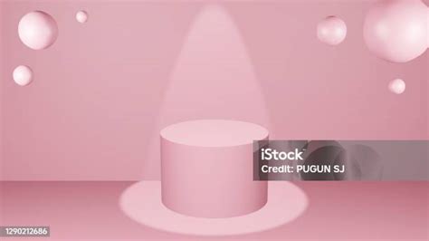 빔 빛과 구와 원 연단 핑크 파스텔 색상 3d 렌더링 그림입니다 제품 프리젠 테이션은 최소화 빈 기하학적 모양입니다 제품을 위한