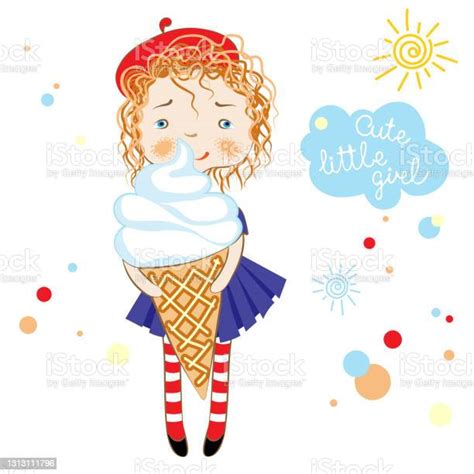 아이스크림큰 와플 콘을 들고 빨간 베레모에 귀여운 빨간 머리 곱슬 소녀 만화 스타일 곱슬 머리에 대한 스톡 벡터 아트 및 기타 이미지 곱슬 머리 귀여운 냉동식품