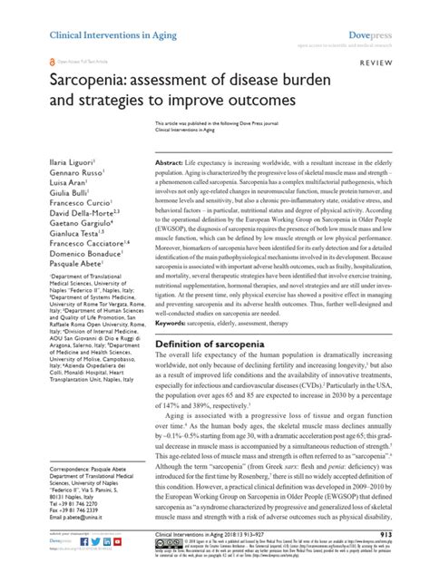 Sarcopenia Assessment Of Disease Burden And Strategies To Improve Outcomes Pdf Protein