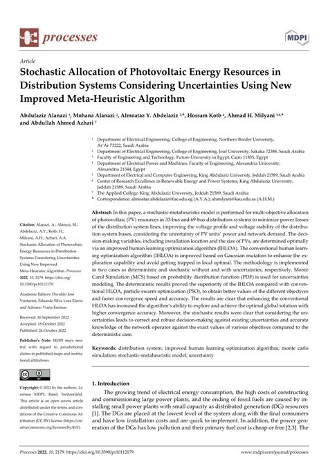 Pdf Stochastic Allocation Of Photovoltaic Energy Resources In Distribution Systems Considering