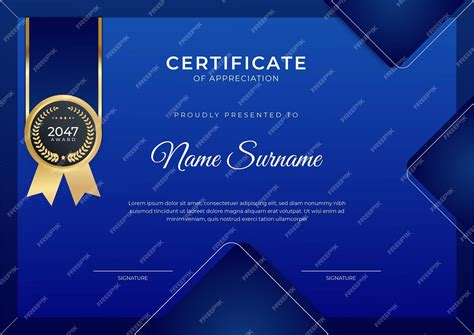 골드 배지와 테두리가 있는 우아한 파란색과 금색 졸업장 템플릿 프리미엄 벡터