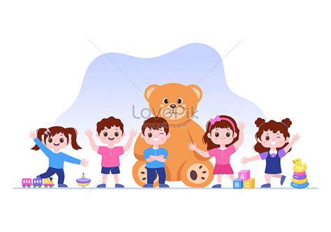 유치원에서 다양한 장난감을 가지고 노는 귀여운 아이들 일러스트 무료 다운로드 Lovepik