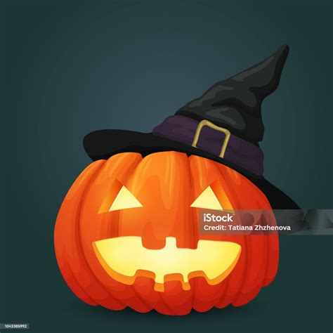 잘 익은 오렌지 타원형 호박 검은 마녀 모자 안쪽에서 조명 할로윈 벡터 아이콘입니다 불타는 듯한에 대한 스톡 벡터 아트 및 기타 이미지 불타는 듯한 어두운 색 호박