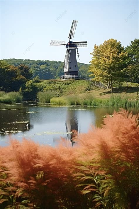 풍차가 연못 가장자리를 장식하고 있다 배경 배경 화면 및 일러스트 무료 다운로드 Pngtree