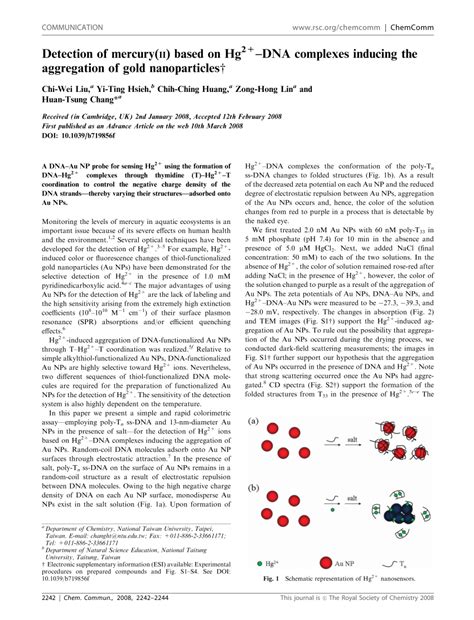 Pdf Detection Of Mercury Ii Based On Hg2 Dna Complexes Inducing The Aggregation Of Gold