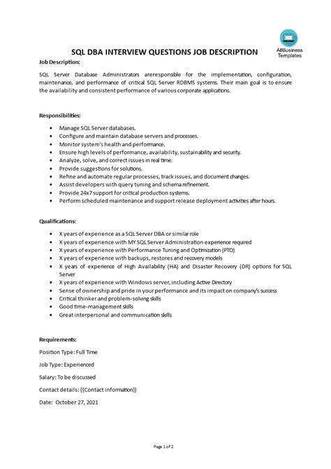 Gratis Sql Database Admin Job Description