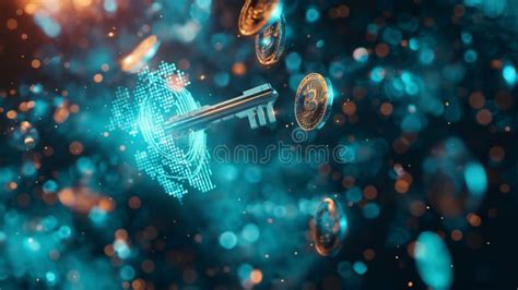 Digital Key And Bitcoin Symbols Floating In A Cyber Space With Glowing Particles Depicting