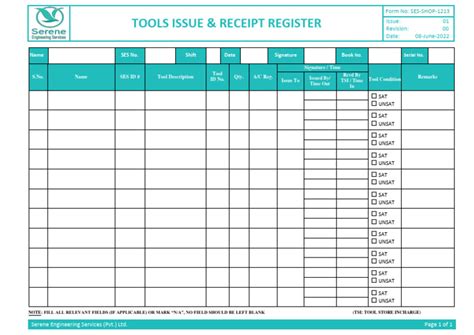 1213 Ses Shop Tool Issue And Receipt Register Pdf