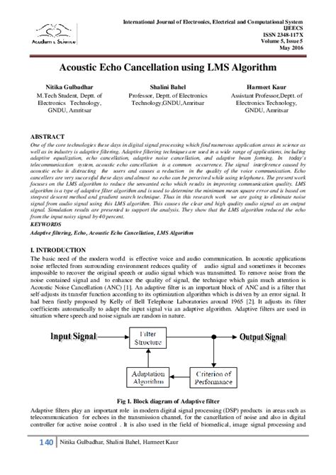 Pdf Acoustic Echo Cancellation Using Lms Algorithm