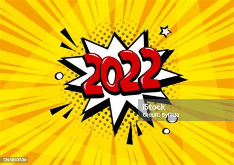 노란색 배경에 2022 새해 만화 빨간 음성 거품 벡터 아이콘 코믹 한 사운드 효과 별과 하프 톤 은 팝 아트 스타일의 그림자를 점 휴일 12월 31일에 대한 스톡 벡터