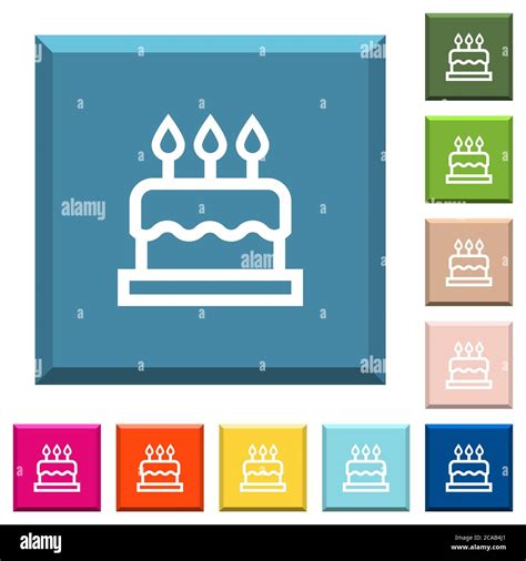 Birthday Cake White Icons On Edged Square Buttons In Various Trendy