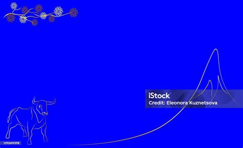 새해 복 많이 받으세요 미니멀 한 엽서와 텍스트 황금 꽃 파란색 배경에 조디악 황소와 산에 대한 공간이 배너 전단지 초대장 포스터 브로셔 캘린더용 2021년에 대한 스톡