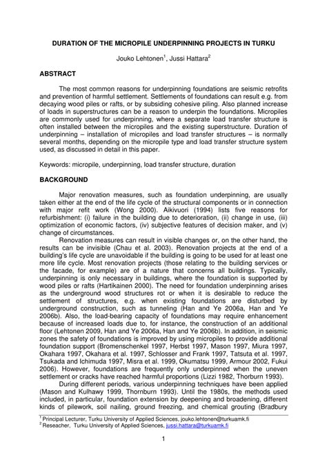 Pdf Duration Of The Micropile Underpinning Projects In Turku