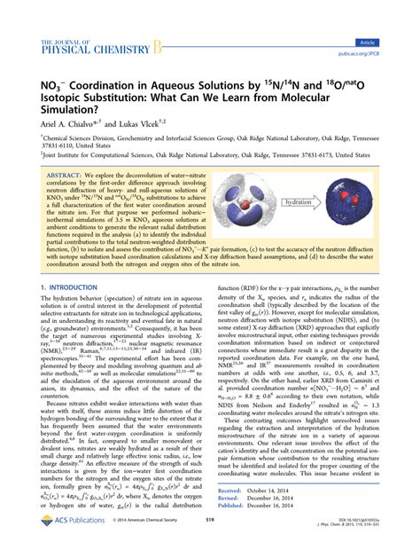 Pdf No3 Coordination In Aqueous Solutions By 15n14n And 18o