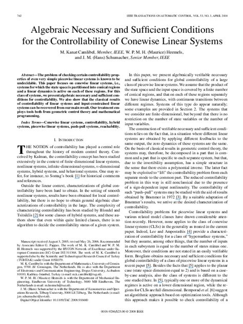 Pdf Algebraic Necessary And Sufficient Conditions Of Input Output