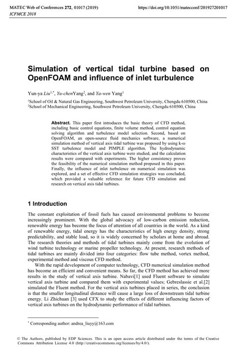 Pdf Simulation Of Vertical Tidal Turbine Based On Openfoam And Influence Of Inlet Turbulence