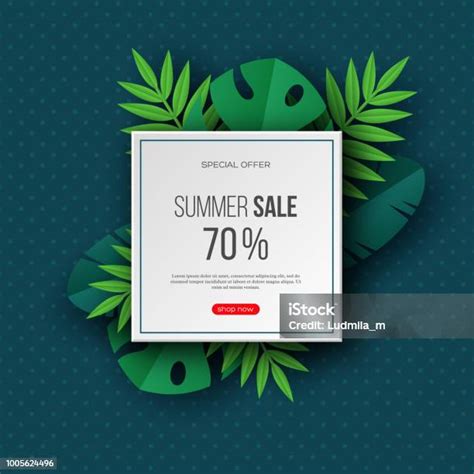 여름 판매 배너 이국적인 정글 열 대 야 자 나뭇잎 어두운 청록색 점선 배경계절 할인에 대 한 템플릿 벡터 일러스트입니다 종이에