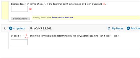 Solved Express Tan T In Terms Of Sin T If The Terminal Chegg Com