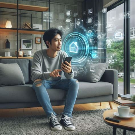 Asian Man Sitting On Sofa And Using Smart Home Control App On Mobile Phone With Augmented