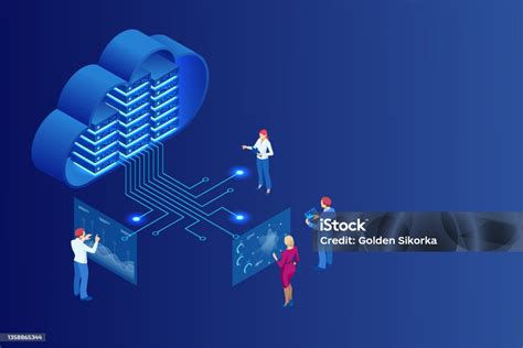 클라우드 표현 홀로그램 개념으로 서버로 표시되는 Isometric 클라우드 컴퓨팅 개념입니다 데이터 센터 클라우드 컴퓨터 연결