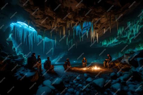 Premium Photo A Group Of Men Sit Around A Fire In A Cave With Icicles