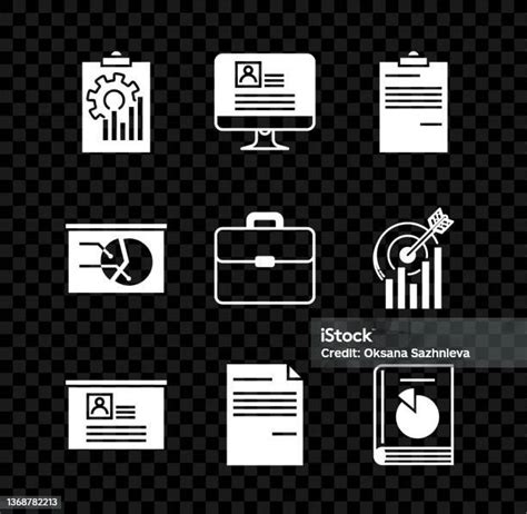 그래프 차트 컴퓨터 모니터 이력서 문서 보드 사용자 설명서 및 서류 가방 아이콘으로 클립보드를 설정합니다 벡터 건강 검진에 대한 스톡 벡터 아트 및 기타 이미지 Istock