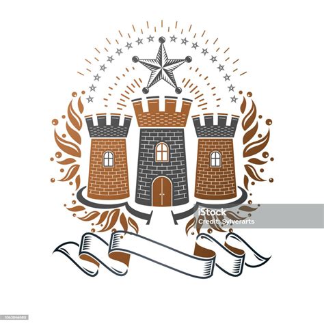 고 대 성곽의 상징 팔의 문장 학 외 투 장식 기호 고립 벡터 일러스트 레이 션 흰색 바탕에 오래 된 스타일에 화려한 기호입니다 0명에 대한 스톡 벡터 아트 및 기타 이미지